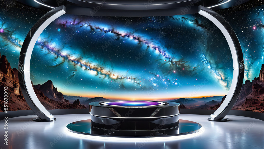Futuristic carbon fibre podium, ring light, nebula galaxy, electronical ...