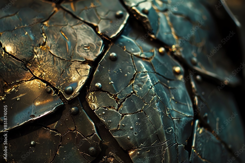 Closeup of cracked medieval armor with gleaming rivulets of light, in a ...
