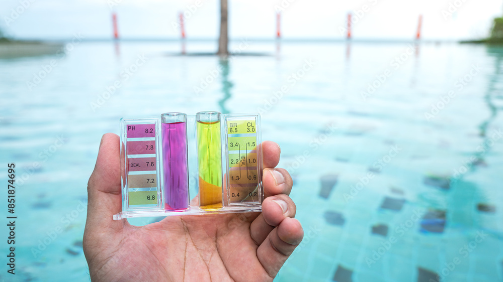 Foto de A swimming pool service worker is holding a water tester kit ...
