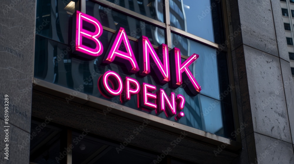 Modern bank building with glass facade and neon "OPEN?". Modern bank ...