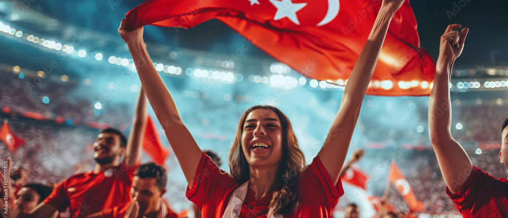 Turkish football soccer fans in a stadium supporting the national team ...