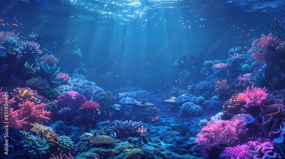 A mysterious background of deep-sea coral reefs with glowing marine life and dark blue waters ...