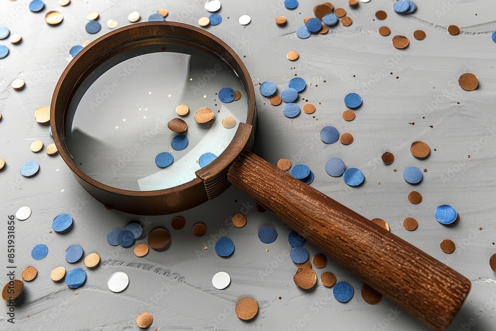 magnifying glass with cute cartoon eyes on a white background, confetti ...