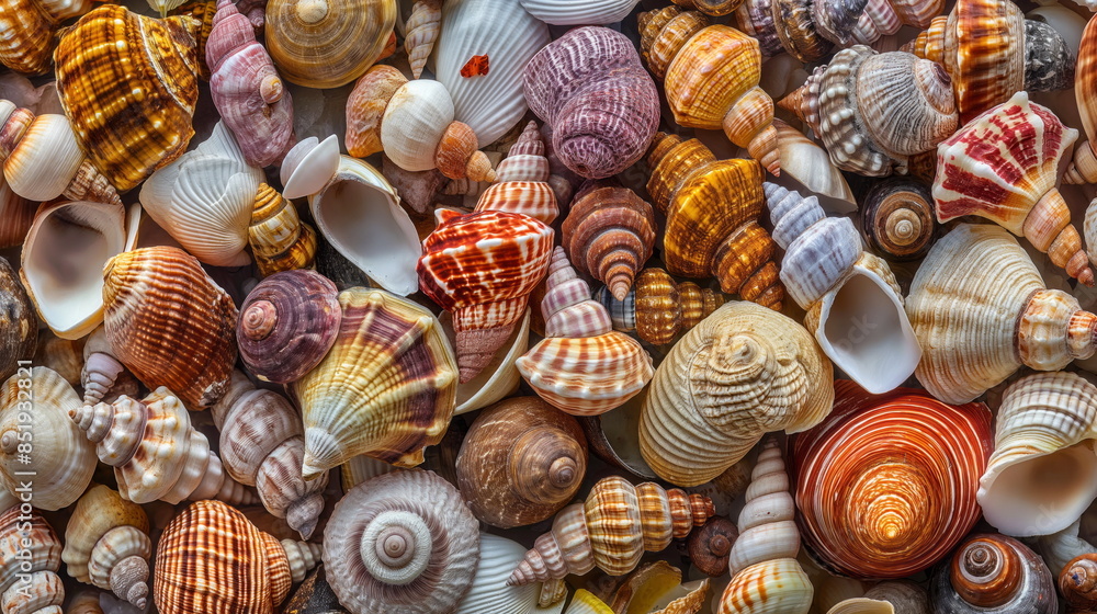 Vibrant collection of seashells and starfish, showcasing various shapes ...