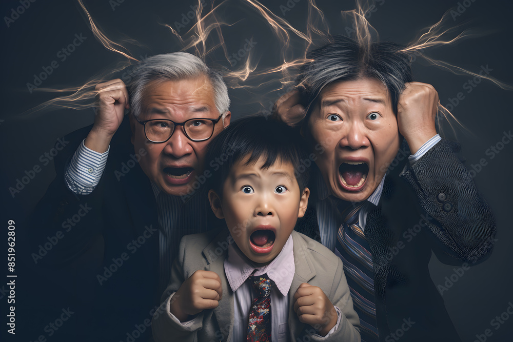 Portrait asian chinese of family members look surprised, shocked ...