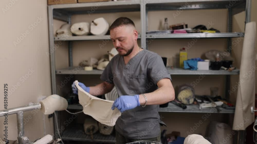 Plaster modeling, Workspace crafting, Prosthetic leg. Man in process of ...