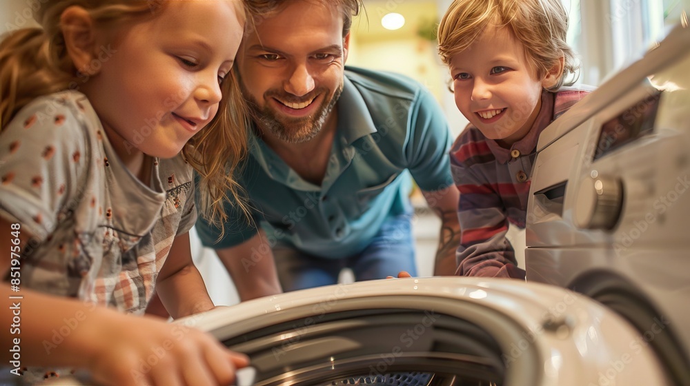 Excited kids look on as their dad fixes the washing machine at home ...