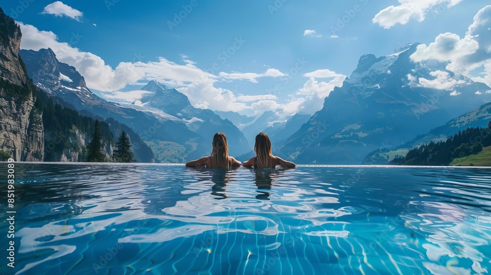Women relax in a pool while taking in the stunning views of the Swiss ...