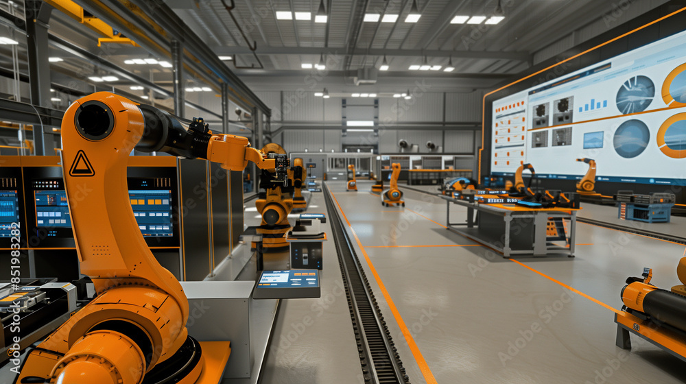 Robotic arms work in a modern factory, showcasing automation technology ...