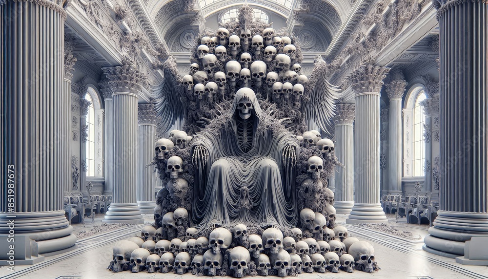 Dark skull throne in a grand hall - An intricate and dark depiction of ...