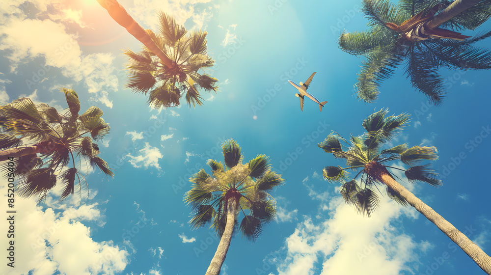 View of palm trees, sky and aircraft flying. Palm trees in Beverly ...