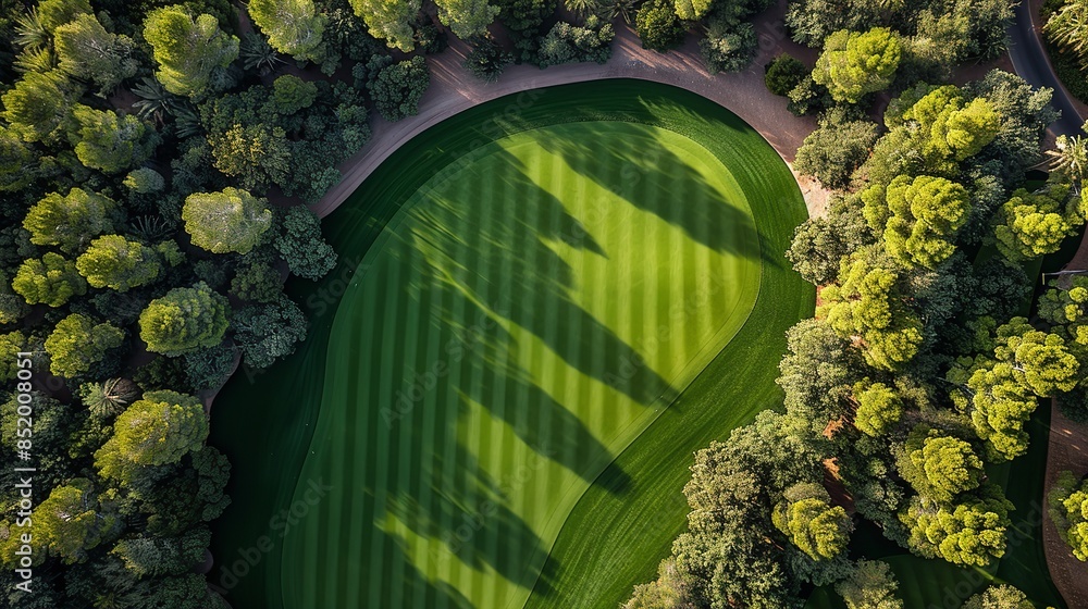 An aerial photograph of a golf course green surrounded by lush trees ...