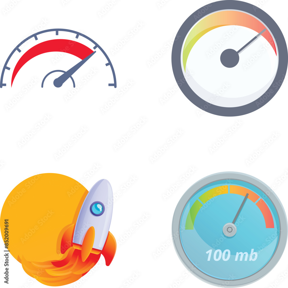 Gauge meter icons set cartoon vector. Different type of speedometer ...