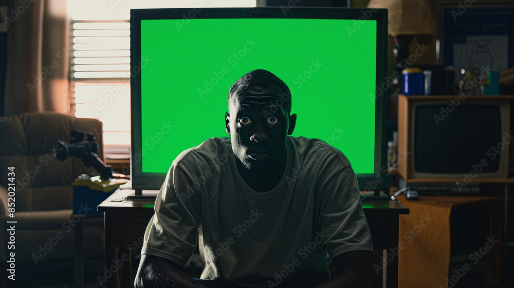 angry man in dark room sitting in front of tv and green screen Stock ...