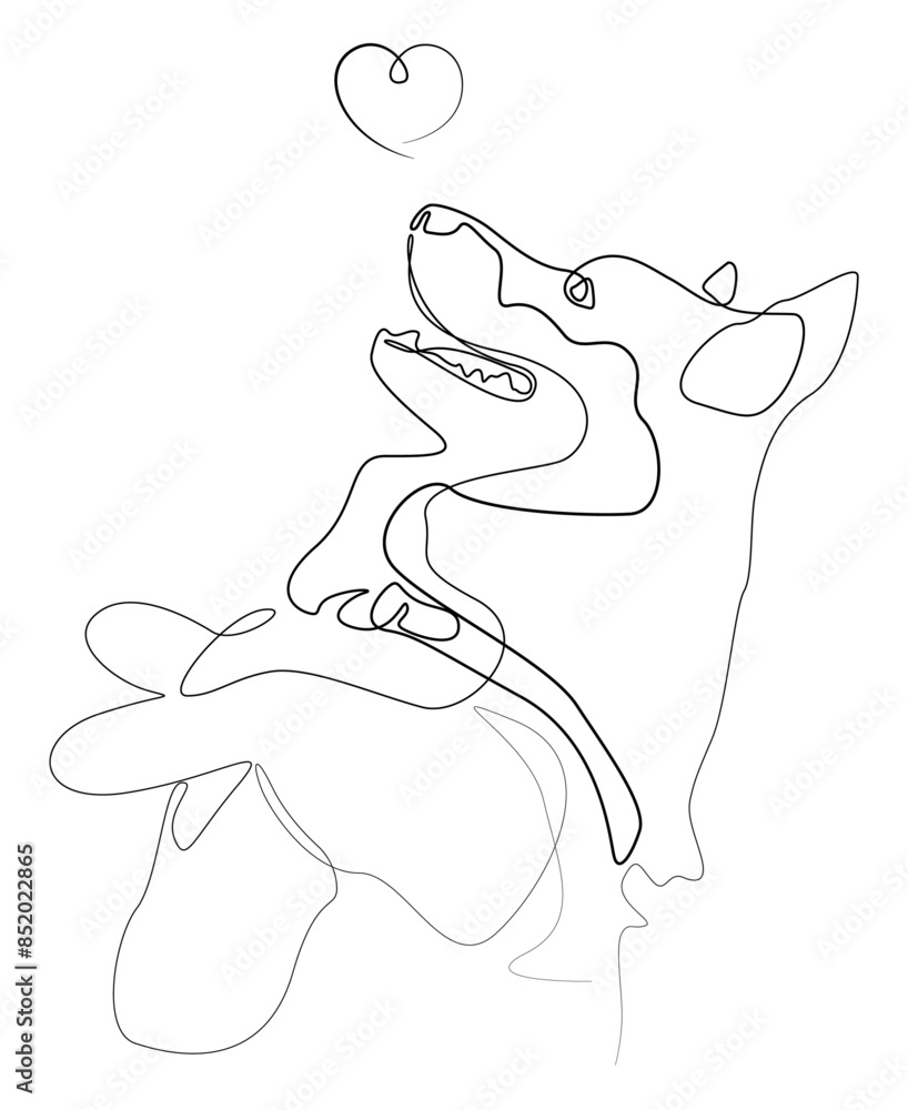 Linear drawing of corgi, dog and hearts. Dog is human best friend. Cute ...