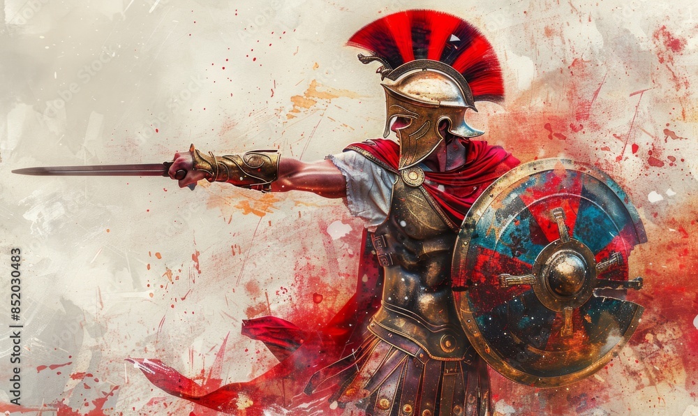 Illustration of brave spartan warrior in armor with shield, pointing ...