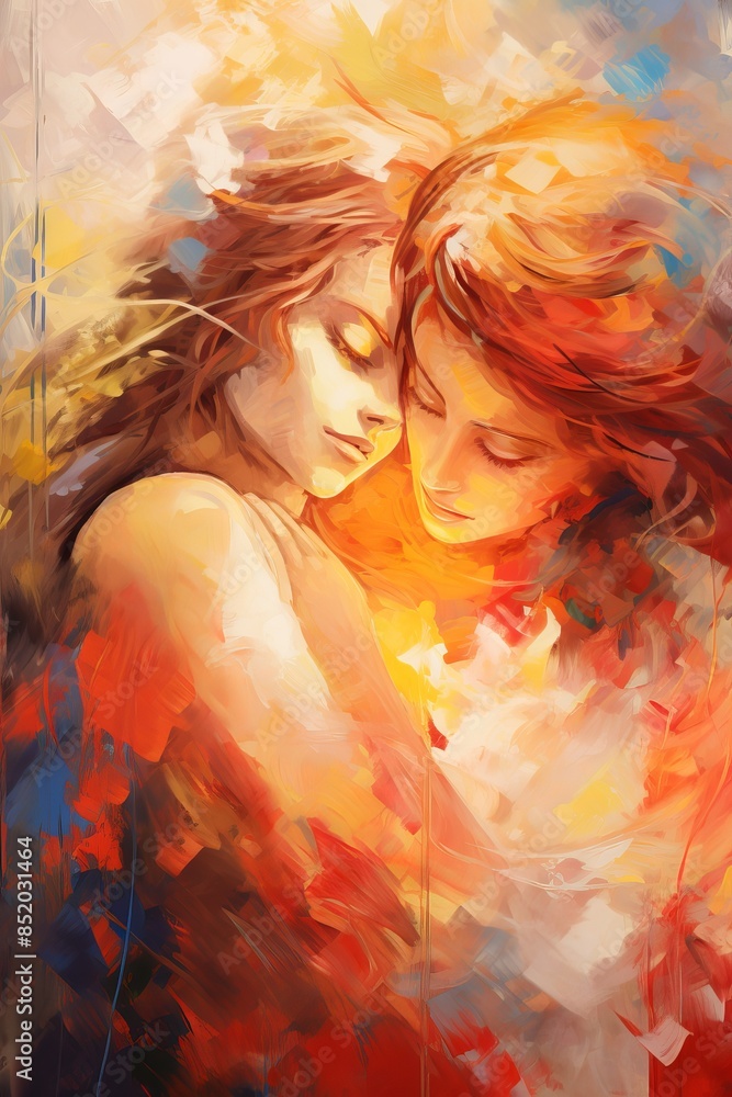 Abstract oil painting of two embracing women with closed eyes. Concept ...