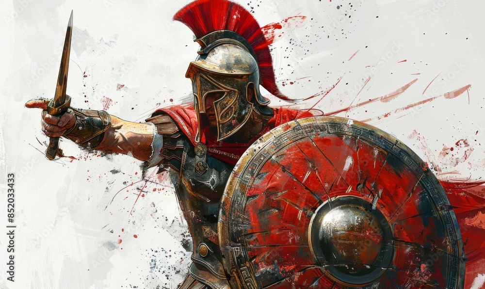 Illustration of brave spartan warrior in armor with shield, pointing ...