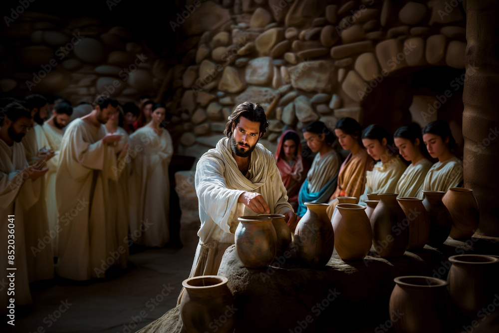 Jesus Christ turns water into wine, Miracle in Canna of Galilee. Bible ...