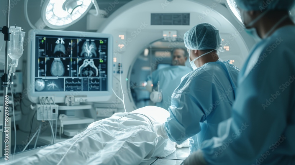 An interventional radiology surgeon performs a catheter-based treatment ...