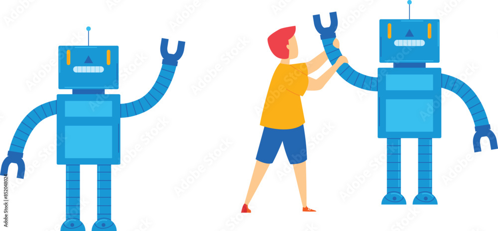 Young man repairing friendly blue robot, technology assistance concept ...