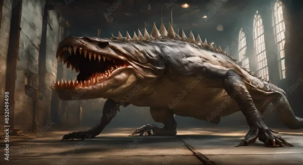 Giant scary monster jaws lying on a floor of a dungeon or laboratory ...