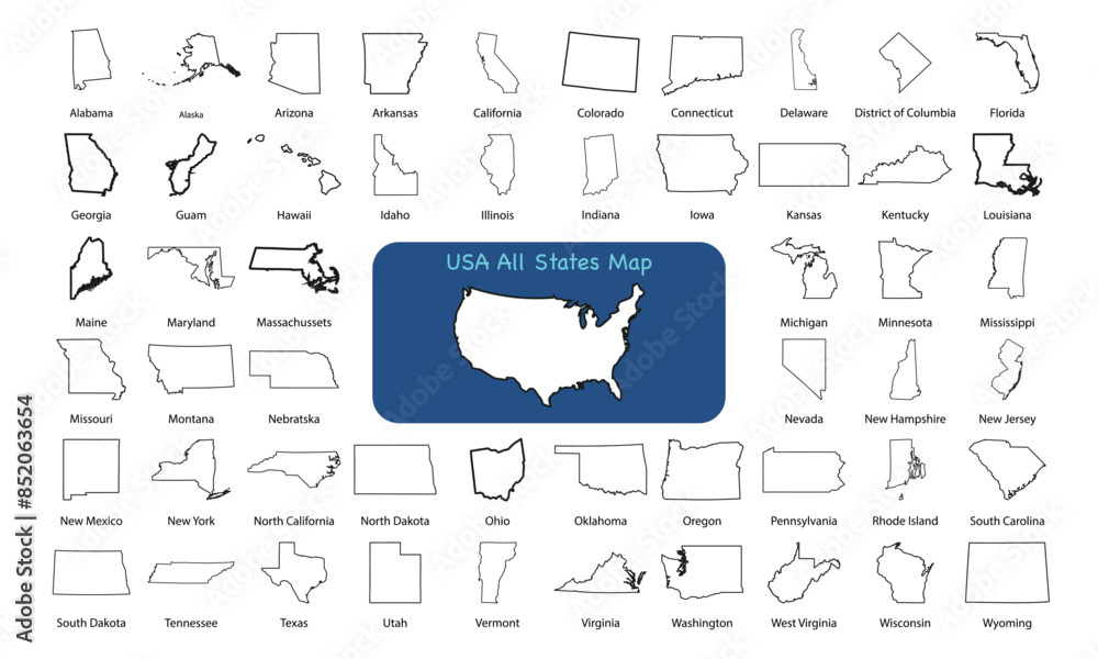 Detailed vector map of all USA states including Alaska, Hawaii, and ...