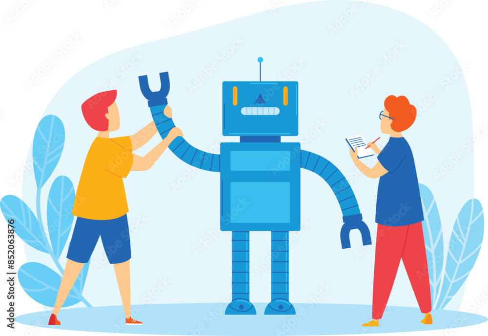 Two cartoon characters engaged robot maintenance work, one holding ...