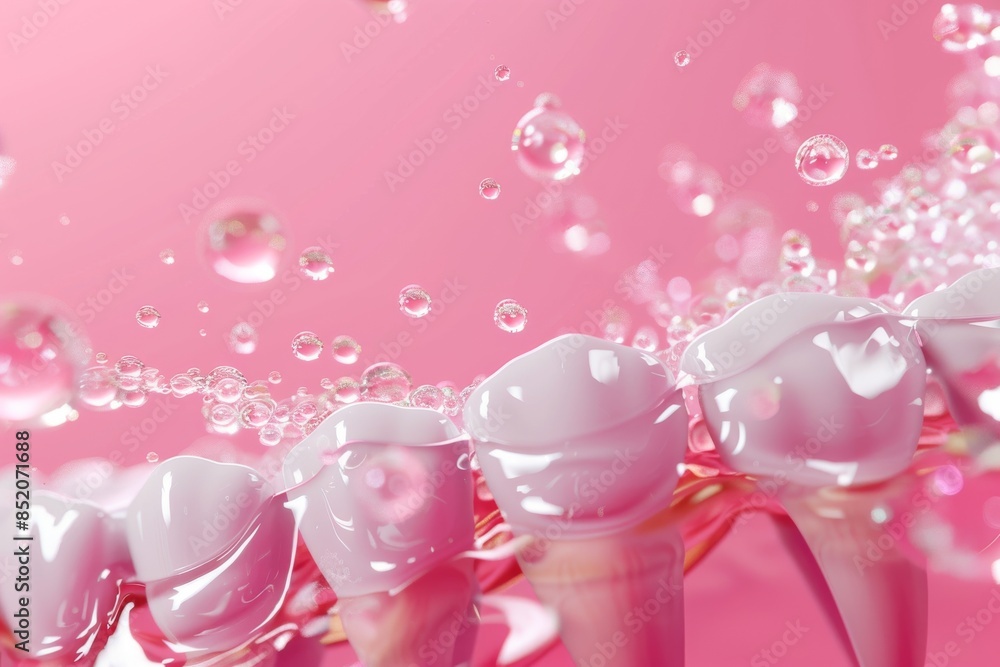 3D rendering of healthy gums and teeth with fluoride bubbles. Dental ...