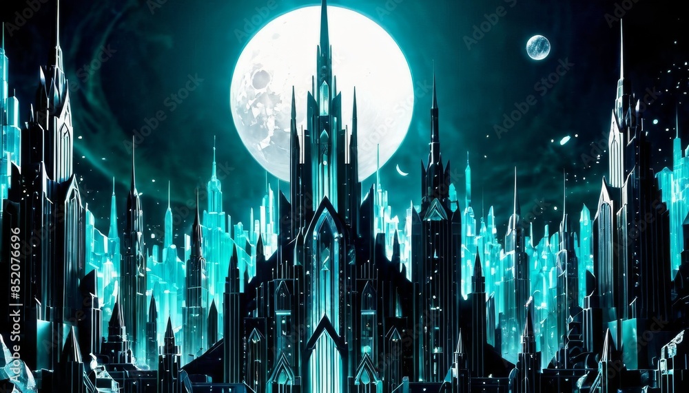 A mesmerizing crystal city illuminated by the full moon, set in a ...
