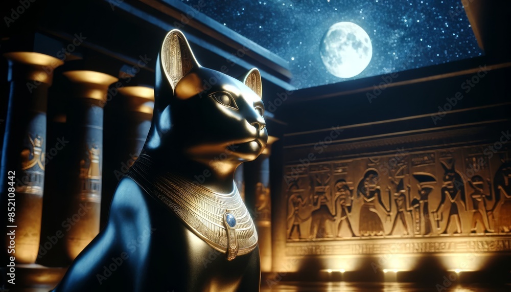 A detailed, focused image of an ancient Egyptian cat deity statue ...