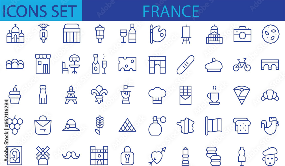 Set of France icons. Thin linear style icons Pack. Vector Illustration ...
