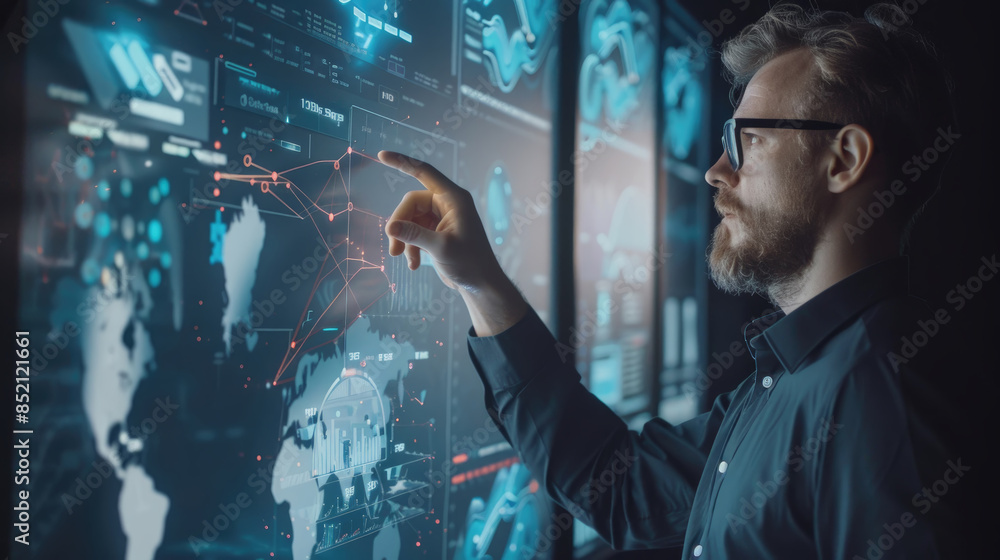A man in a dark shirt is exploring a digital world map with data ...