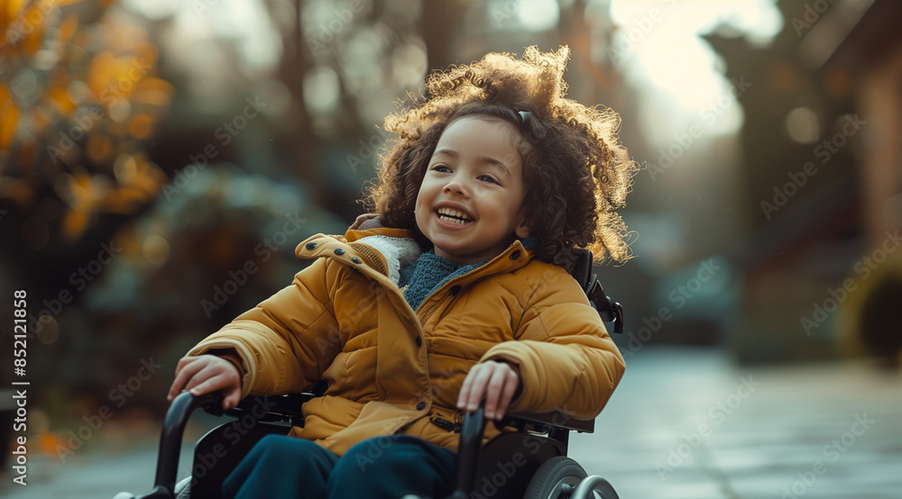 Happy disabled mixed race child sitting in a wheelchair outdoors. Young ...