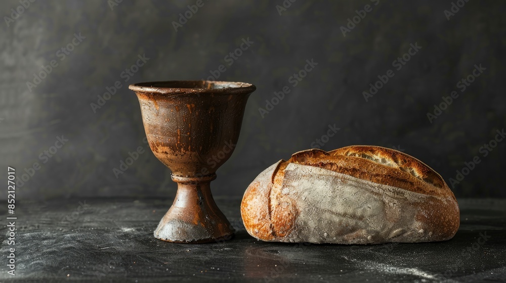 A clay chalice and a loaf of bread rest elegantly against a sleek black ...