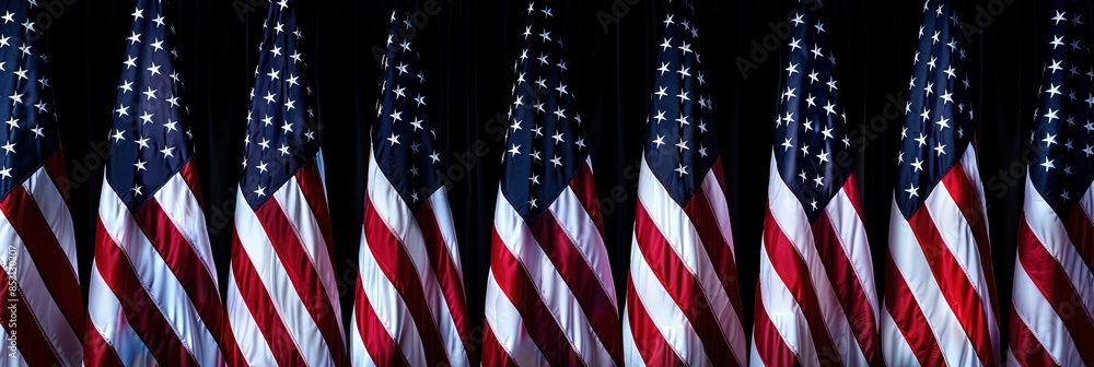 Row of American Flags - patriotic stars and stripes in red, white, and ...