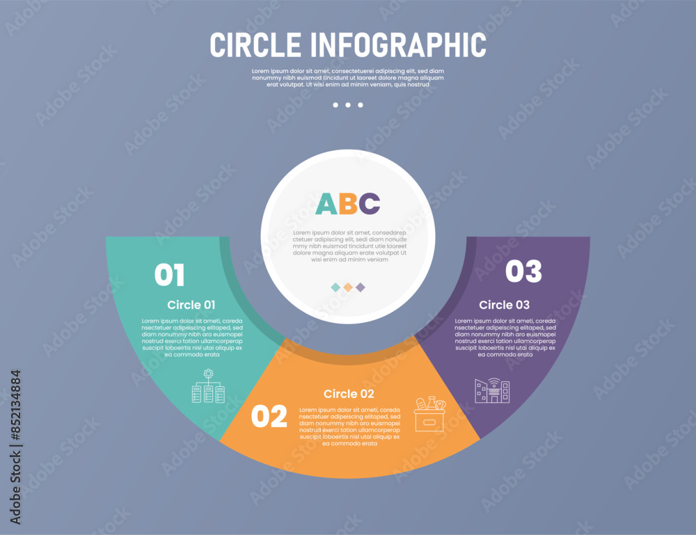 3 point circle infographic stage or step template with half piechart ...