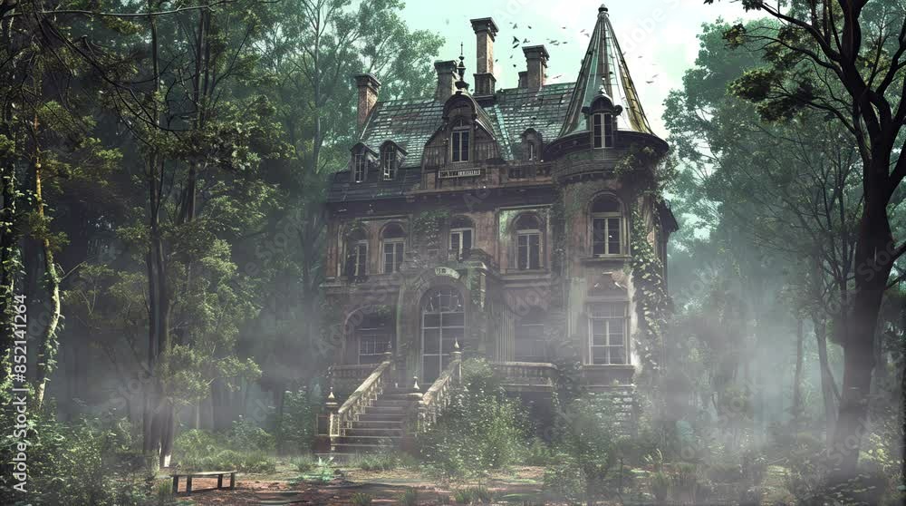 Medieval castle shrouded in a mystical misty landscape. Enigmatic and ...