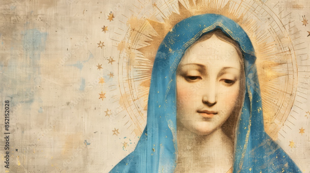 An antique painting of the Holy Mother with a blue veil, depicting a ...