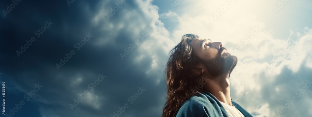 Spiritual reverence: Jesus Christ prays to god father, depicting ...