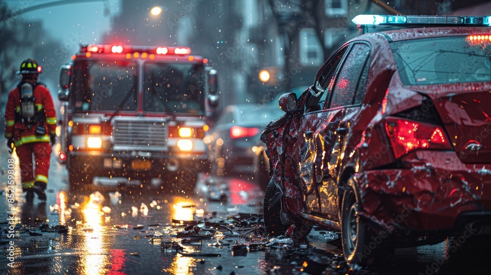 Emergency responders performing first aid on a car accident victim at ...