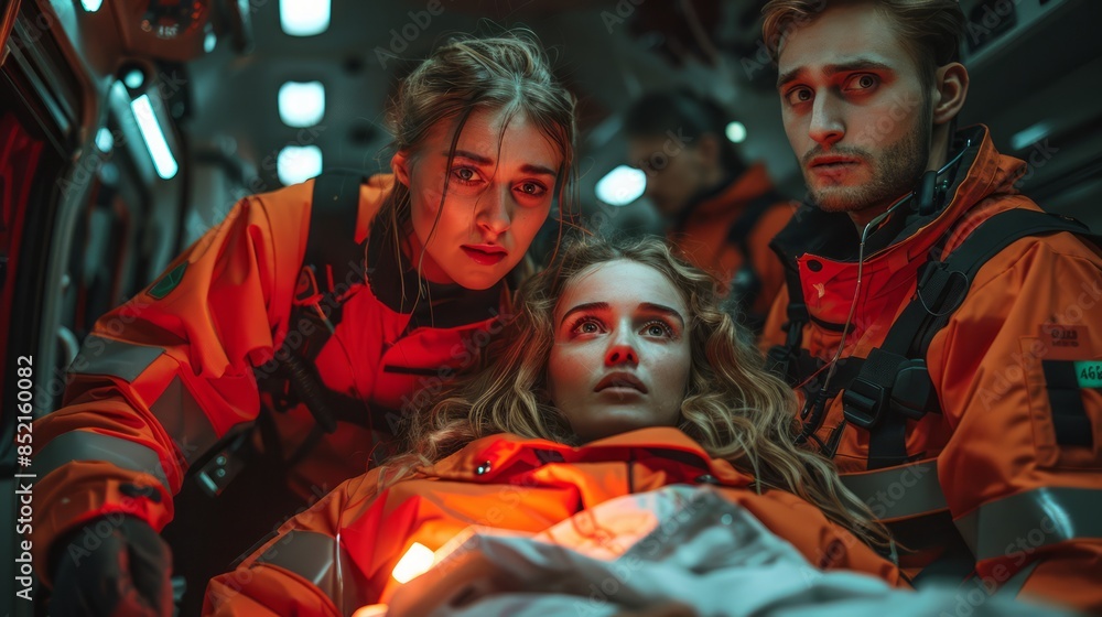 Paramedics providing emergency care to a patient in an ambulance ...