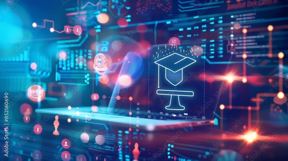 Digital education concept with icons of computer, graduation cap and ...