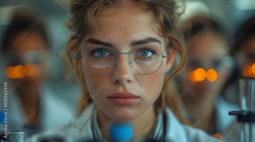 Group of college students performing experiment using microscope in science lab. University ...