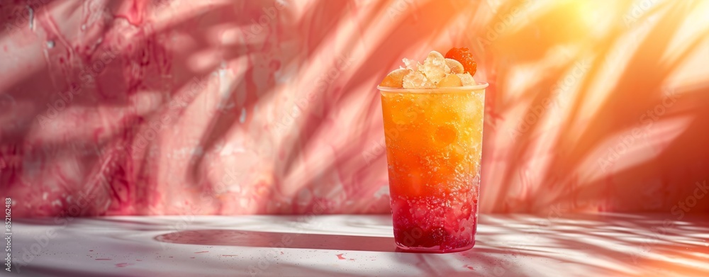 Colorful rainbow slushie drink in plastic cup on blurred tropical ...