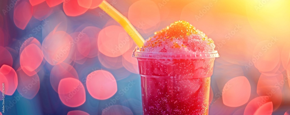 Colorful rainbow slushie drink in plastic cup on gradient background ...