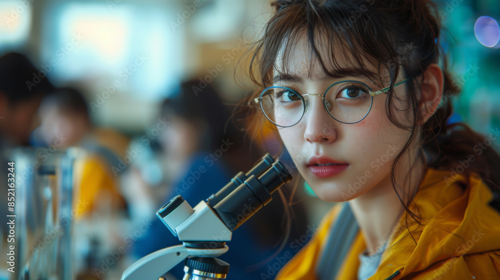 Group of college students performing experiment using microscope in science lab. University ...