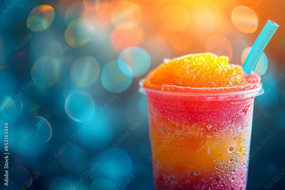 Colorful rainbow slushie drink in plastic cup on gradient background ...