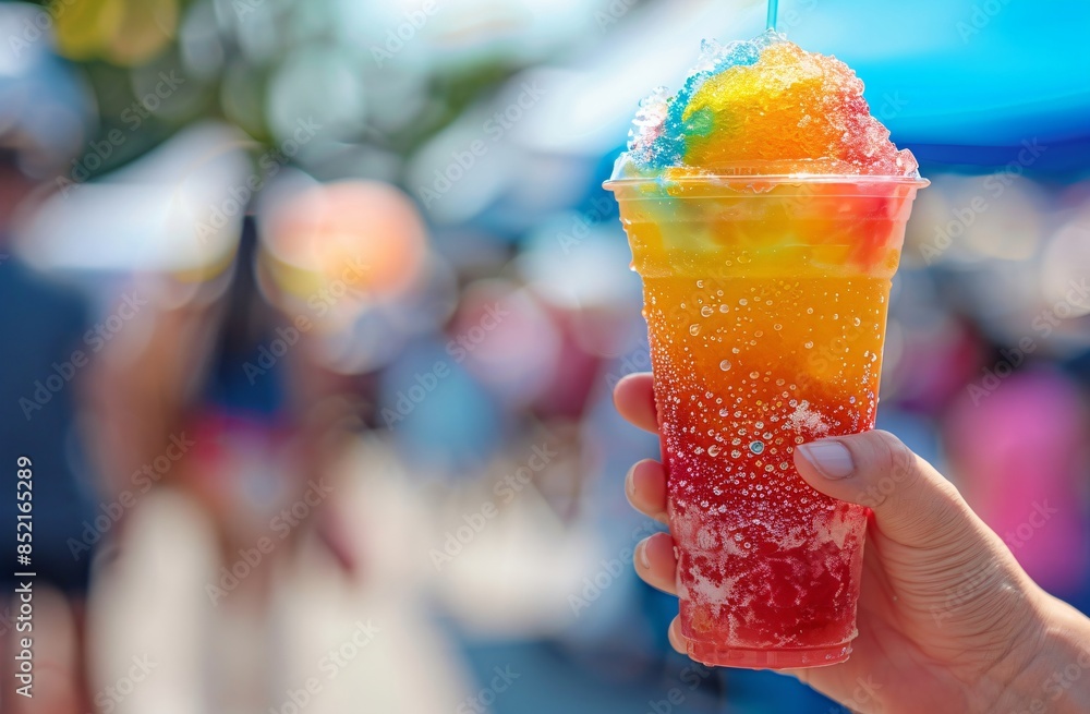 Hyman hand holding colorful slushie drink in plastic cup on the street ...