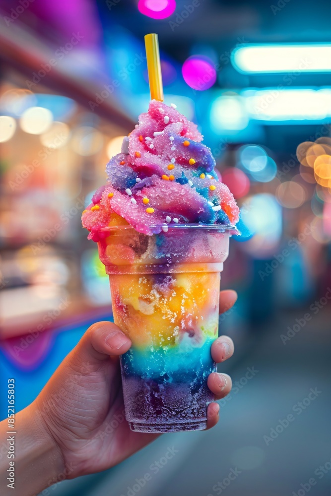 Hyman hand holding colorful slushie drink in plastic cup on the street ...